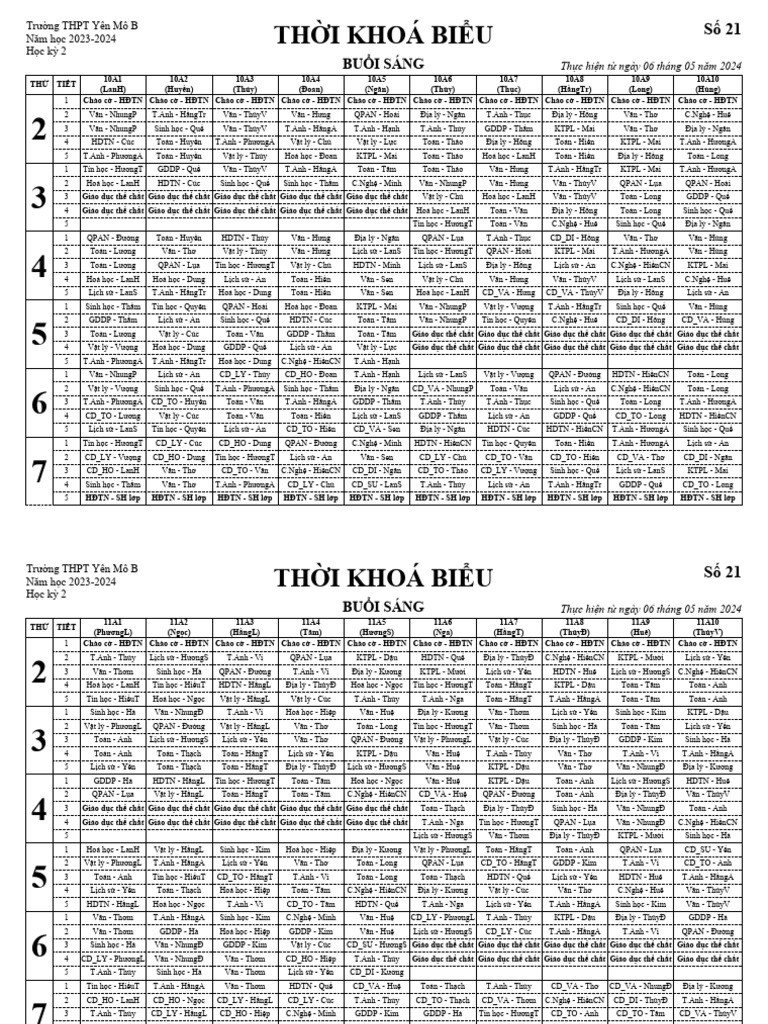 TKB - 21 - Lop Chung - Buoi Sang - Thuc Hien Tu Ngay 06052024 | PDF