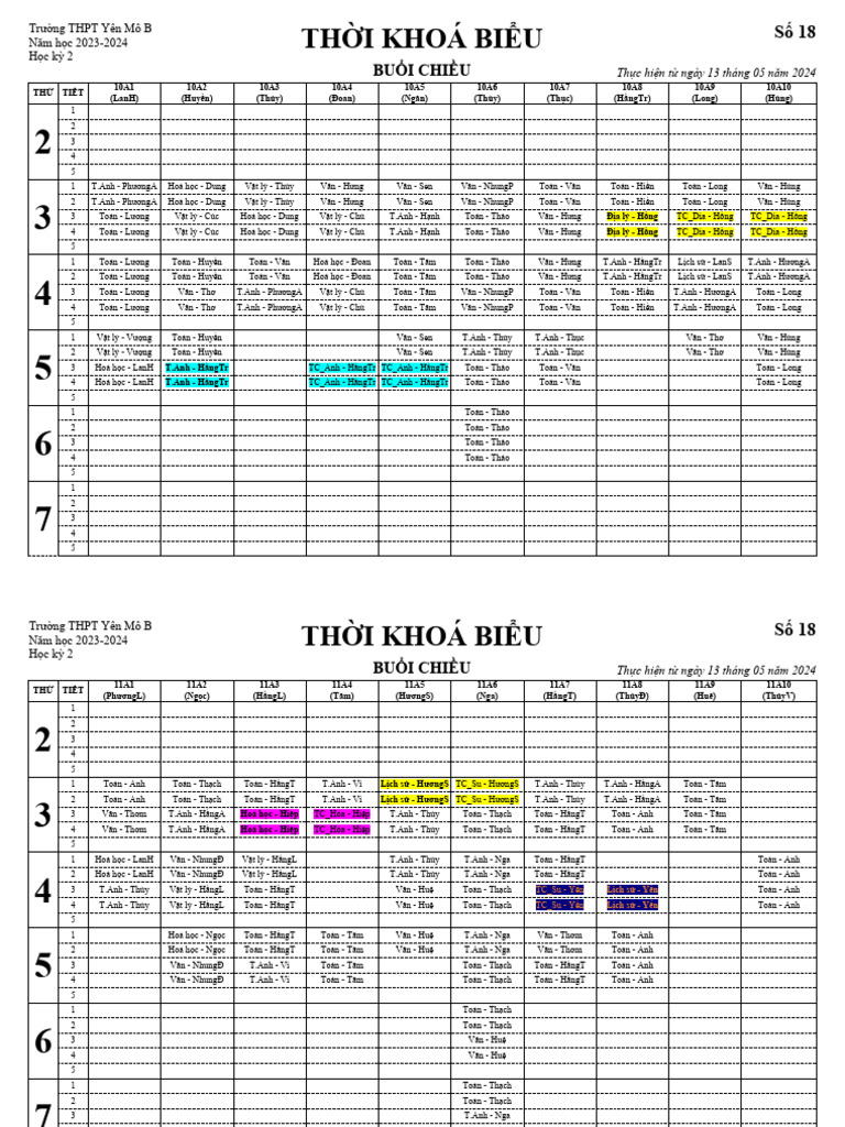 TKB - 18 - Lop Chung - Buoi Chieu - Thuc Hien Tu Ngay 13052024 | PDF