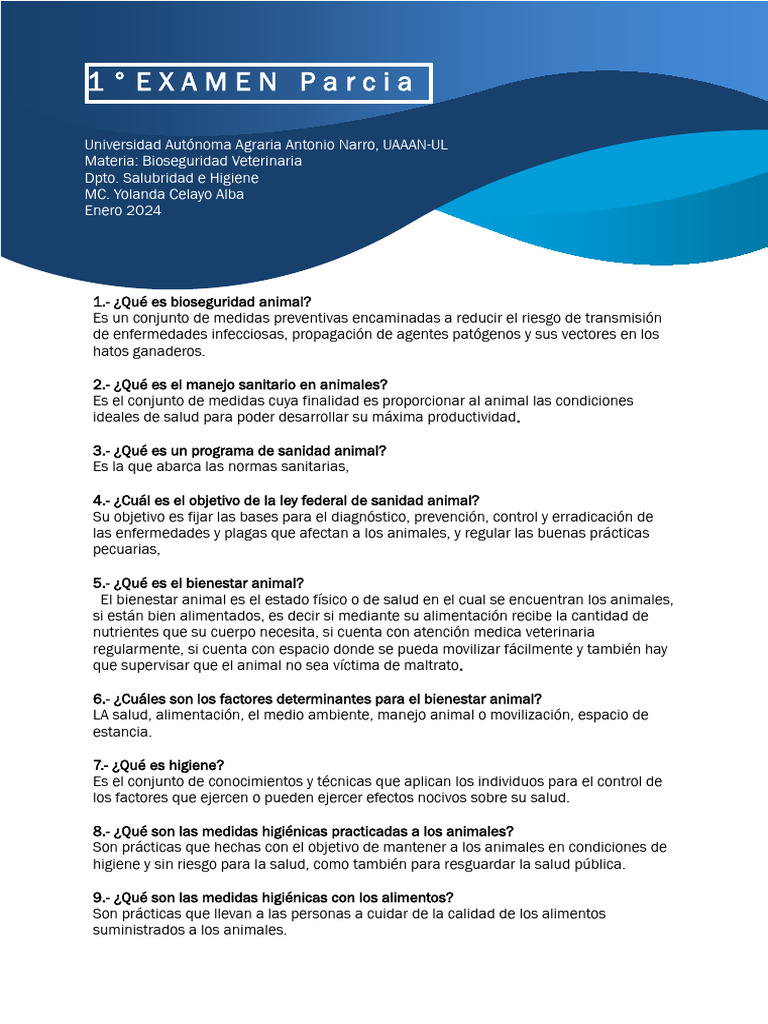 1 Examen Parcial Bioseguridad Veterinaria | PDF | Higiene | Medicina Veterinaria