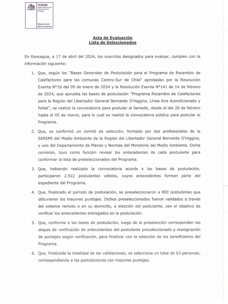 2da Acta de Seleccionados PRC Res 141 2024 | PDF