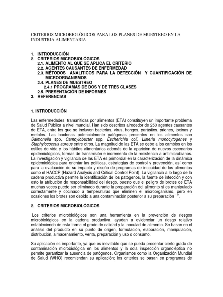 Criterios Microbiológicos para Los Planes de Muestreo en Los Alimentos ...