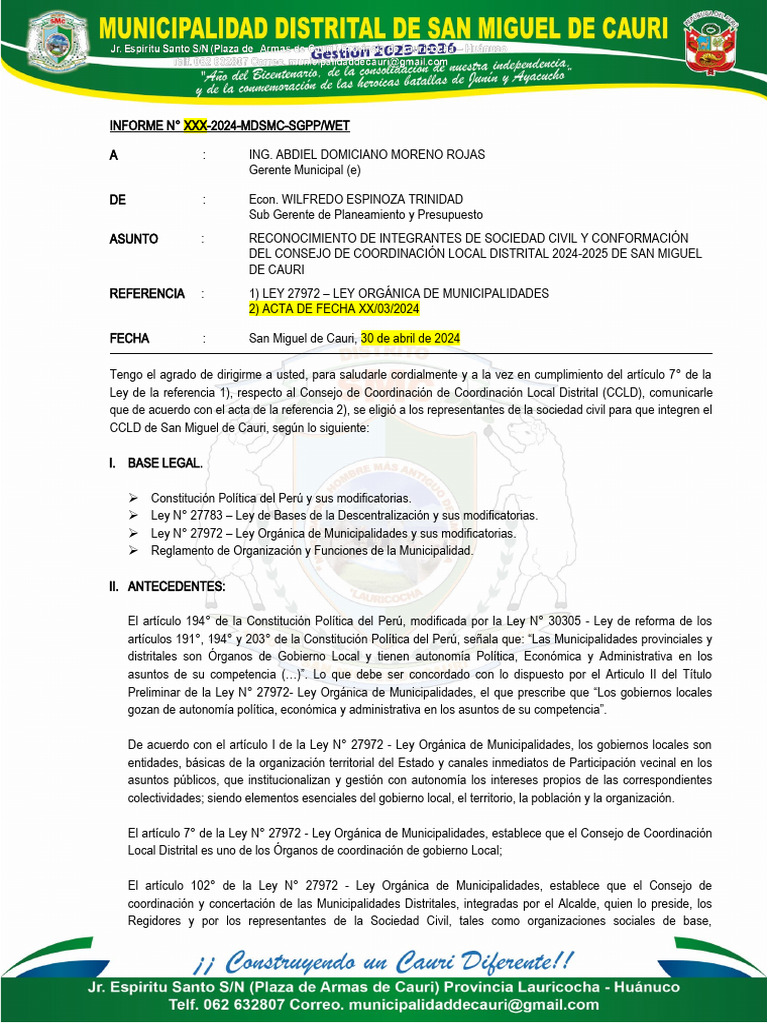 Conformación del CCLD 2024-2025 San Miguel | PDF | Gobierno local | Alcalde