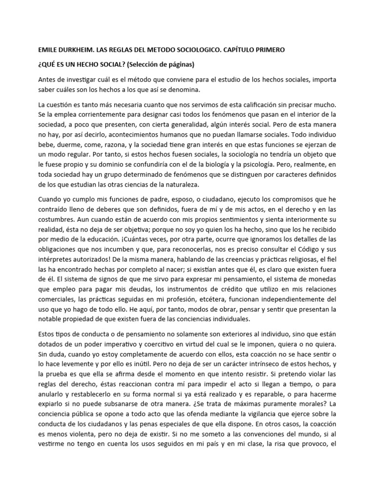 EMILE DURKHEIM.docx QUE ES UN HECHO SOCIAL | PDF | Sociología | Sociedad