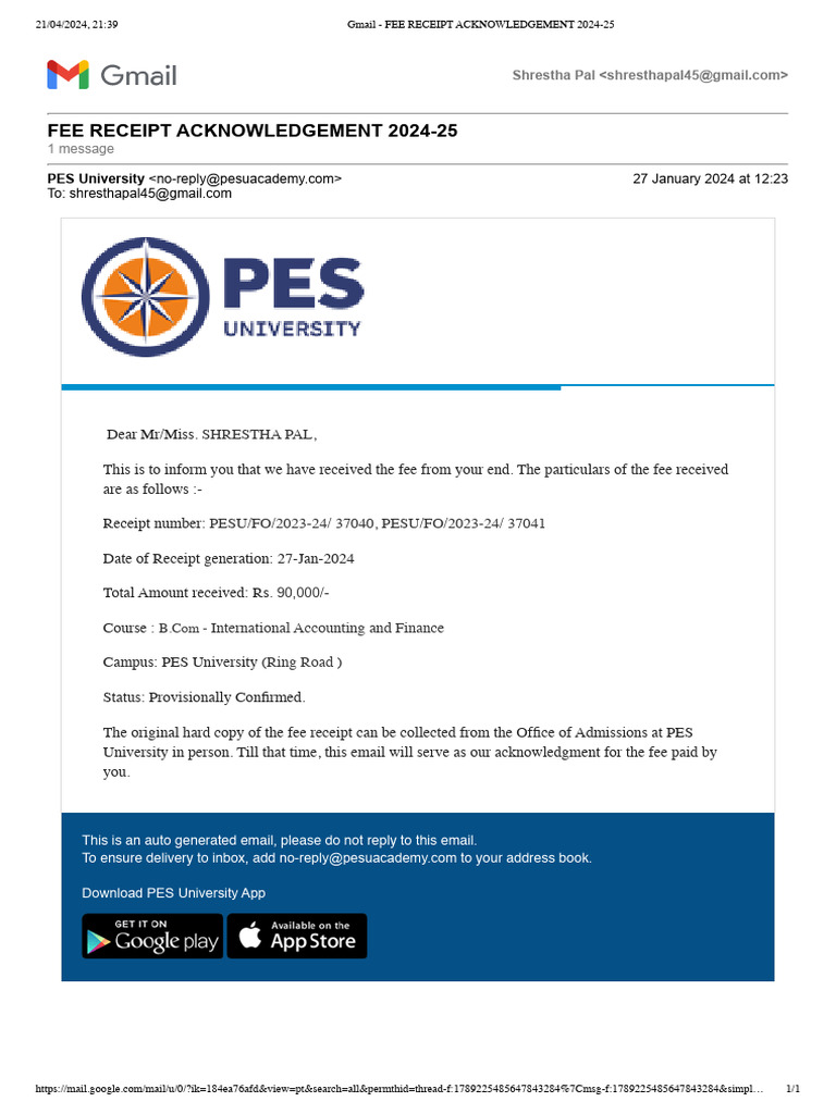 Pes - Fee Receipt Acknowledgement 2024-25 | PDF