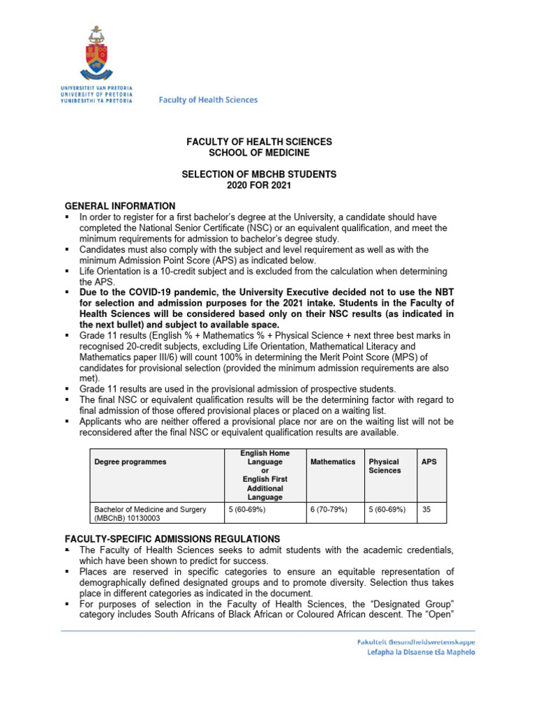 MBCHB Selection Criteria For 2021.zp193524 | PDF | Academic Degree ...