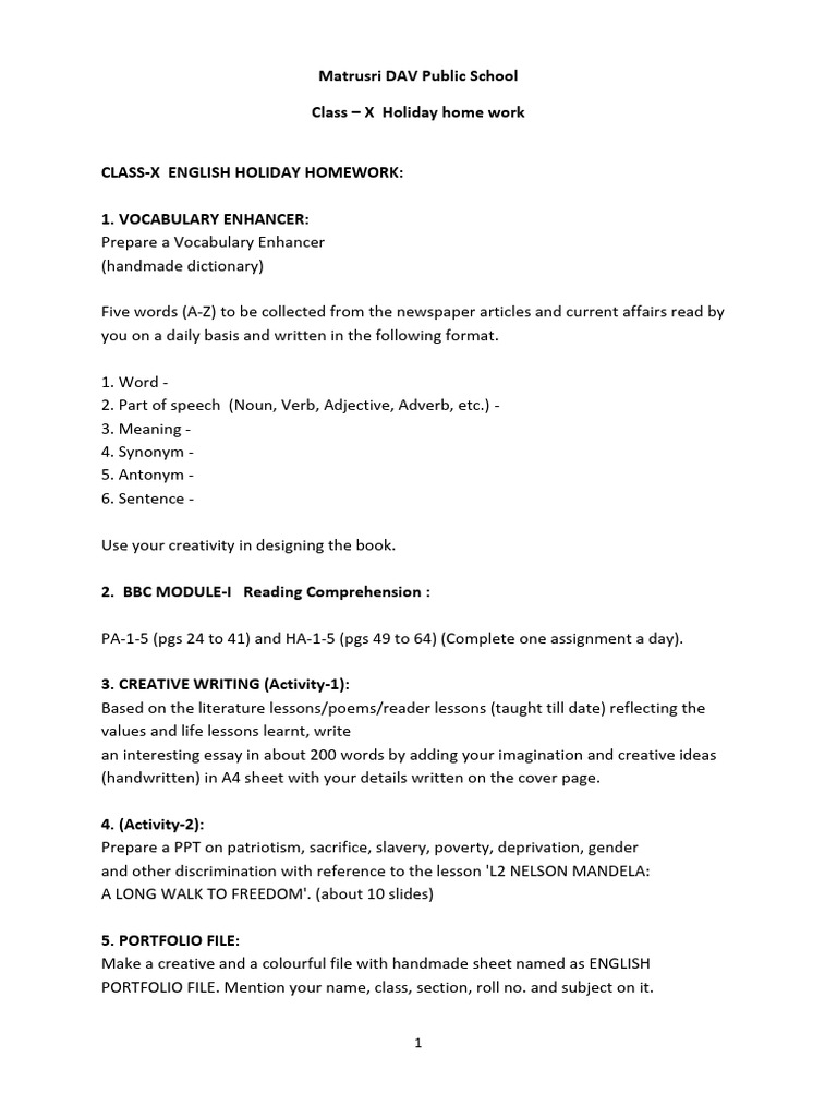 Class X Holiday Homework Assignments | PDF | English Language | Part Of ...