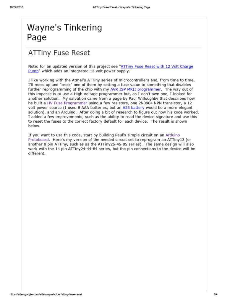 ATTiny Fuse Reset - Wayne's Tinkering Page | PDF | Computer Science | Electricity