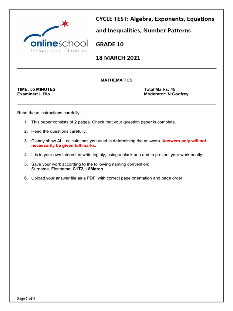GR 10 Maths - C1T2 - 18032021 - MEMO | PDF | Arithmetic | Mathematical ...