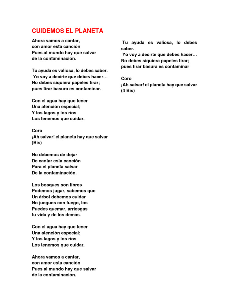 Cancion Cuidemos El Planeta | PDF Cancion Cuidemos El Planeta | PDF