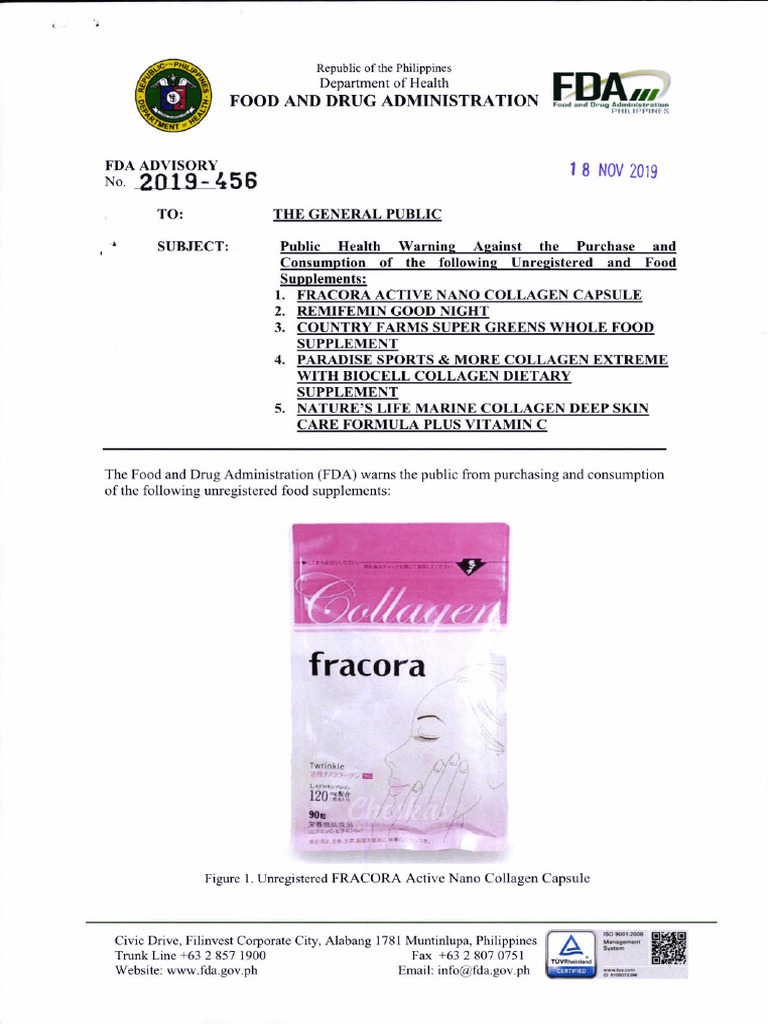 FDA Advisory No. 2019 456 | PDF | Dietary Supplements | Biologically Based Therapies