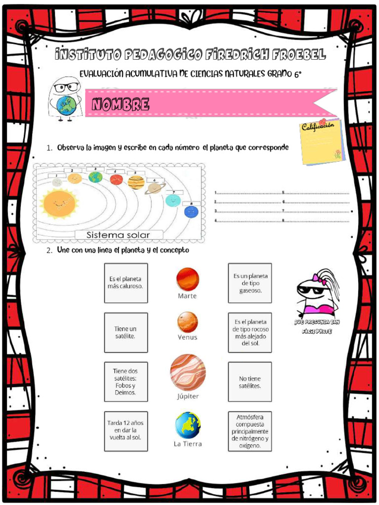Evaluación Ciencias Naturales 6° Grado | PDF | Sistema solar | Planetas