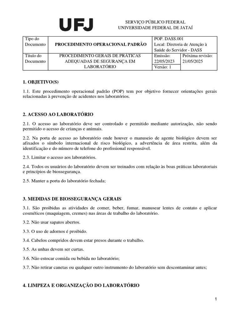 Modelo de POP Preenchido - Utilização Segura de Laboratório | PDF ...