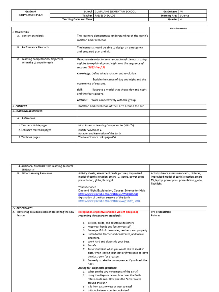 Cot - DLP - Science 6 - Earth's Rotation Rassel | PDF | Rotation | Earth