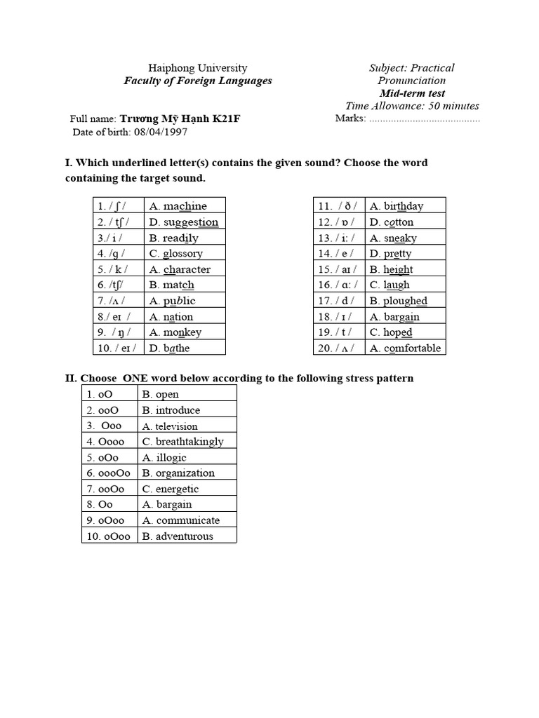 Midterm Test Pronunciation Practice | PDF | English Language | Vocabulary