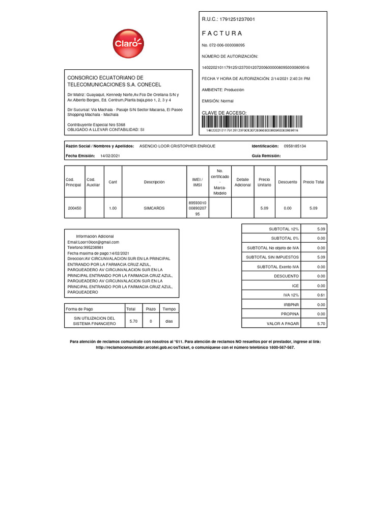 Factura de SIMCARDS de Conecel Ecuador | PDF | Business | Economias