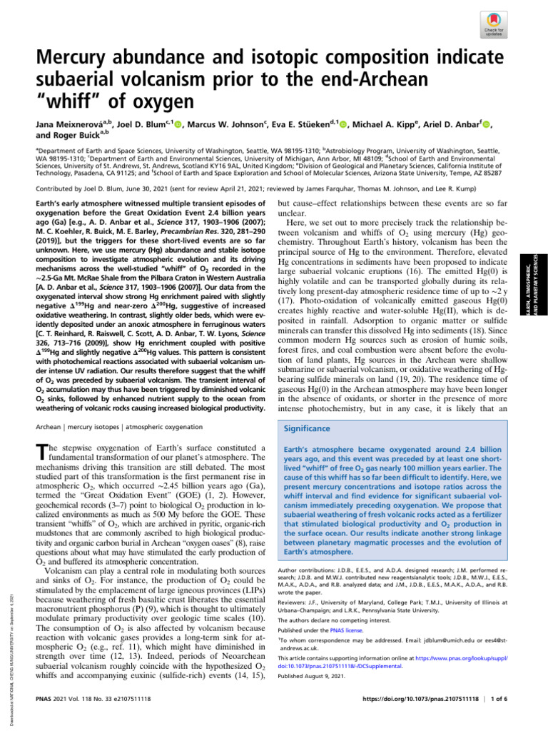 (Meixnerová Et Al., 2021) Mercury Abundance and Isotopic Composition Indicate Subaerial ...