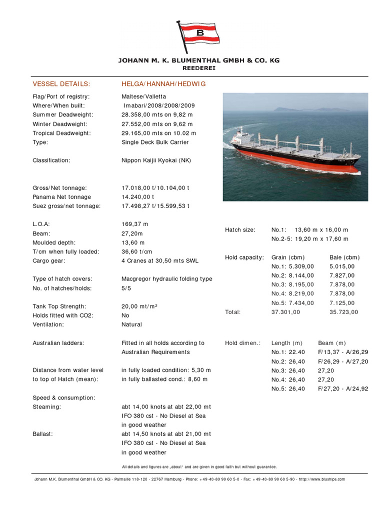 MV Helga G Vessel Specifications | PDF | Tonnage | Merchant Navy