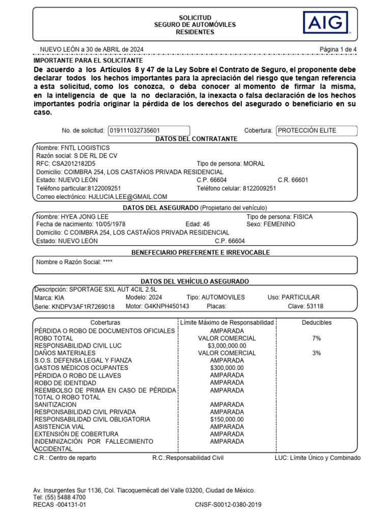 Poliza de Auto Lucia | PDF | Póliza de seguros | Seguro