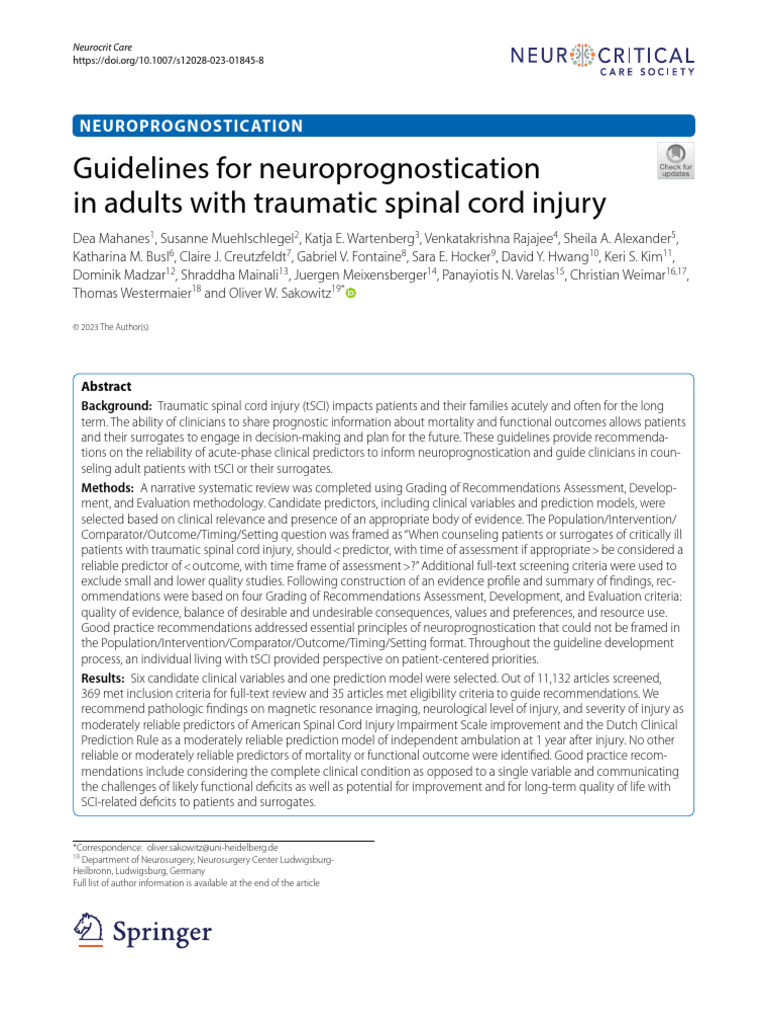 Guidelines For Neuroprognostication in Adults With Traumatic Spinal Cord Injury | PDF ...