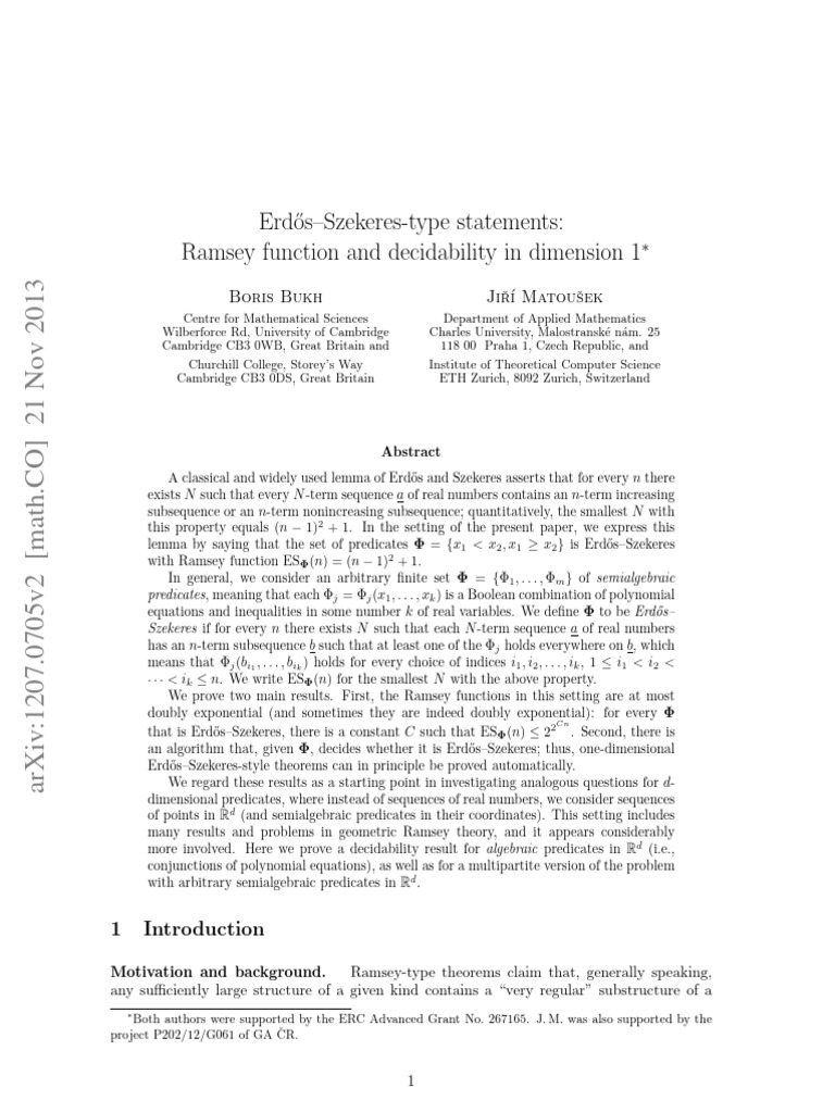 Erd Os-Szekeres-Type Statements: Ramsey Function and Decidability in Dimension 1 | PDF | Real ...