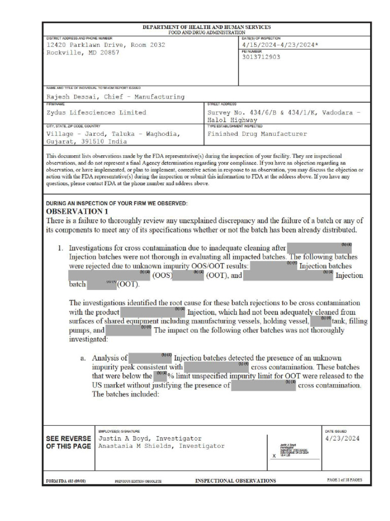 Form 483 | PDF | Food And Drug Administration