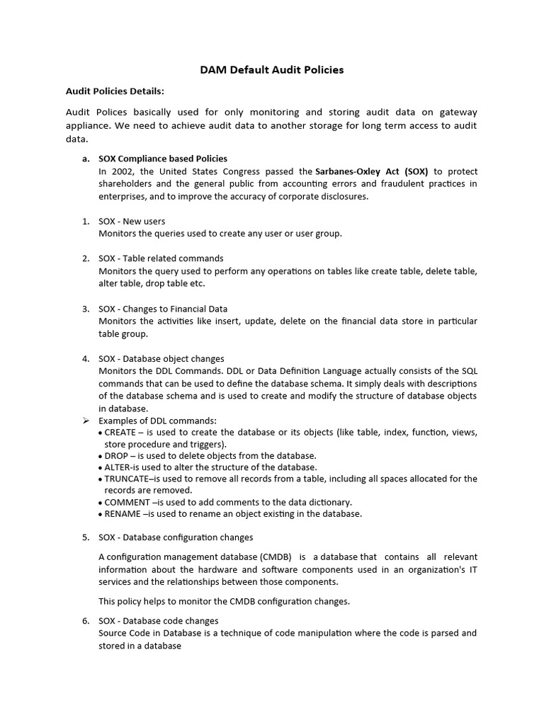 DAM Audit Policies Description | PDF | Databases | Data Management