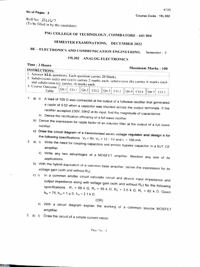 3rd Sem Analog and LA Sem QP | PDF | Amplifier | Rectifier