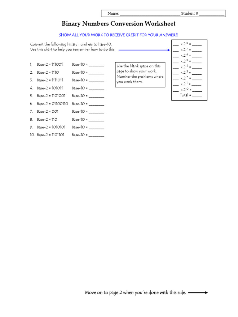 Binary Numbers Conversion Worksheet: Show All Your Work To Receive Credit For Your Answers ...