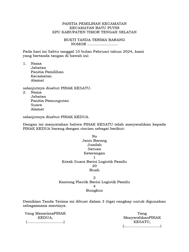 Template - Bukti - Tanda - Terima - Barang - PPS - Tupan - Kec - Batu Putih | PDF