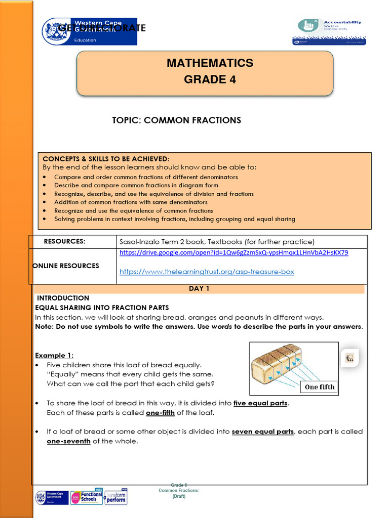 Grade 4 Mathematics lessons _Common Fractions_2021 | PDF | Foods