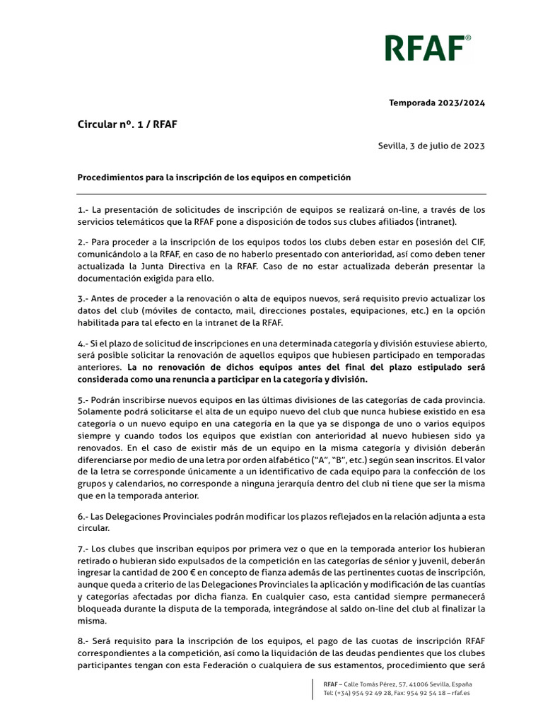 Circular N 01 Inscripciones de Equipos 23-24-2 | PDF | Asociación de competiciones de fútbol