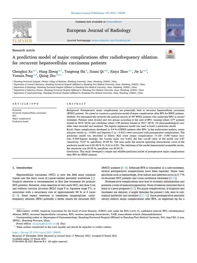 A Prediction Model of Major Complications After Radiofreq - 2021 ...