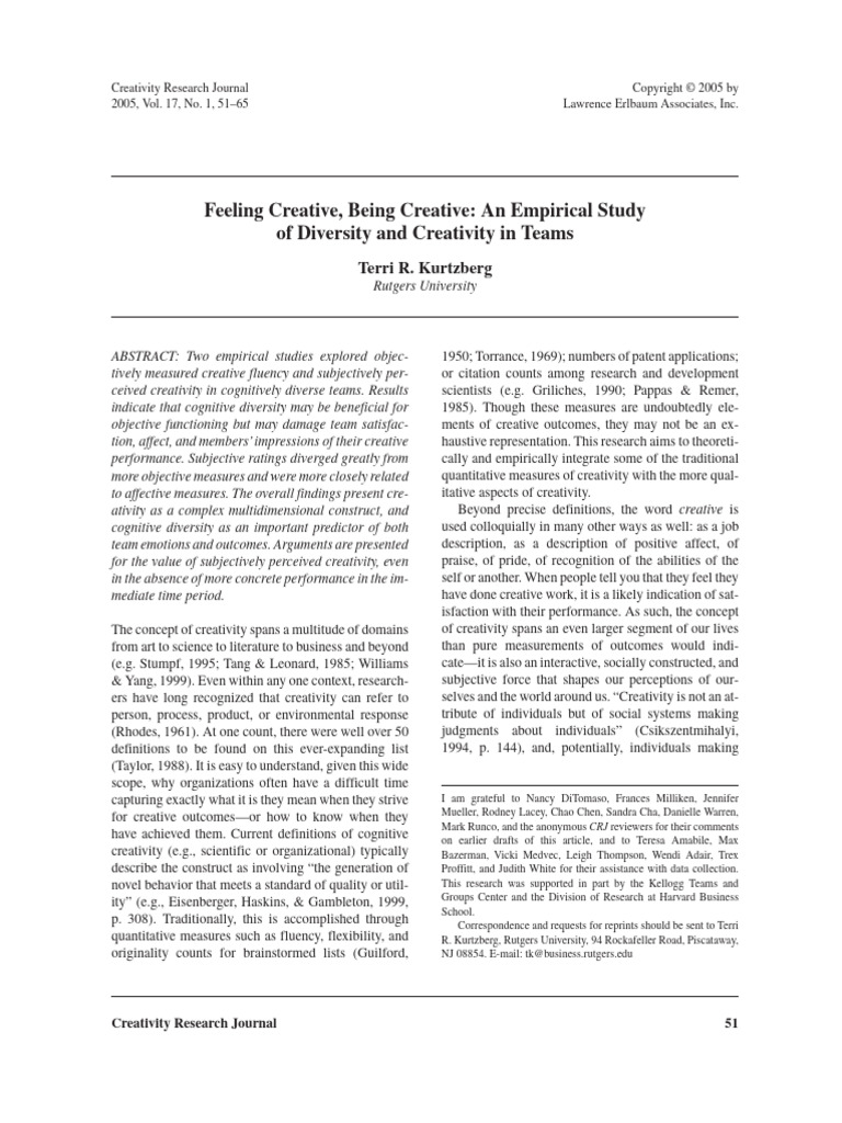 2005 - Empirical Study of Diversity and Creativity in Teams | PDF | Creativity | Knowledge