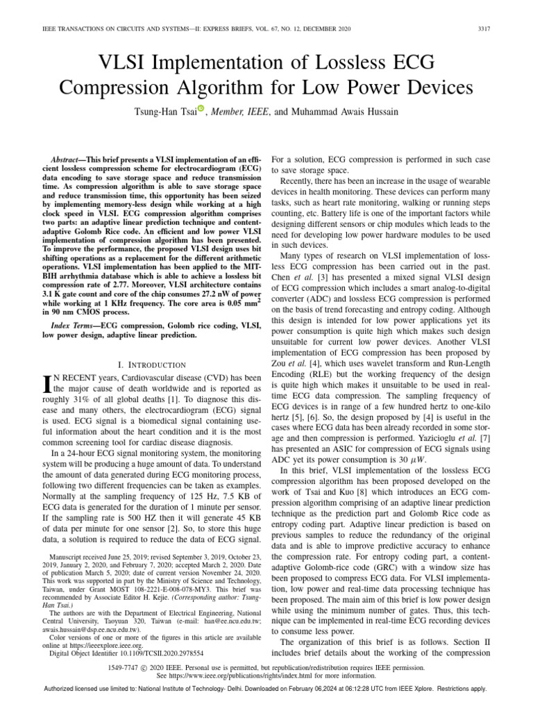 VLSI Implementation of Lossless ECG Compression Algorithm For Low Power Devices | PDF | Data ...