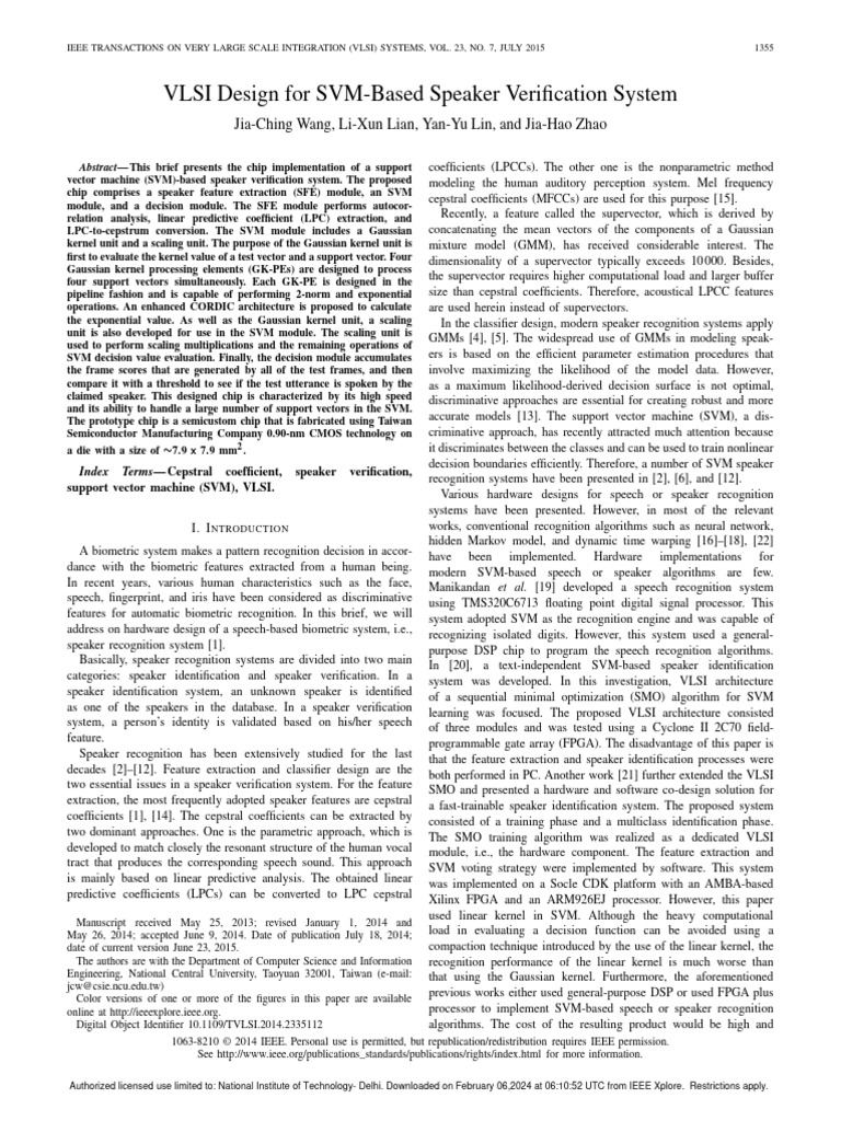Vlsi Design For Svm Based Speaker Verification System Pdf Support Vector Machine Vector Space