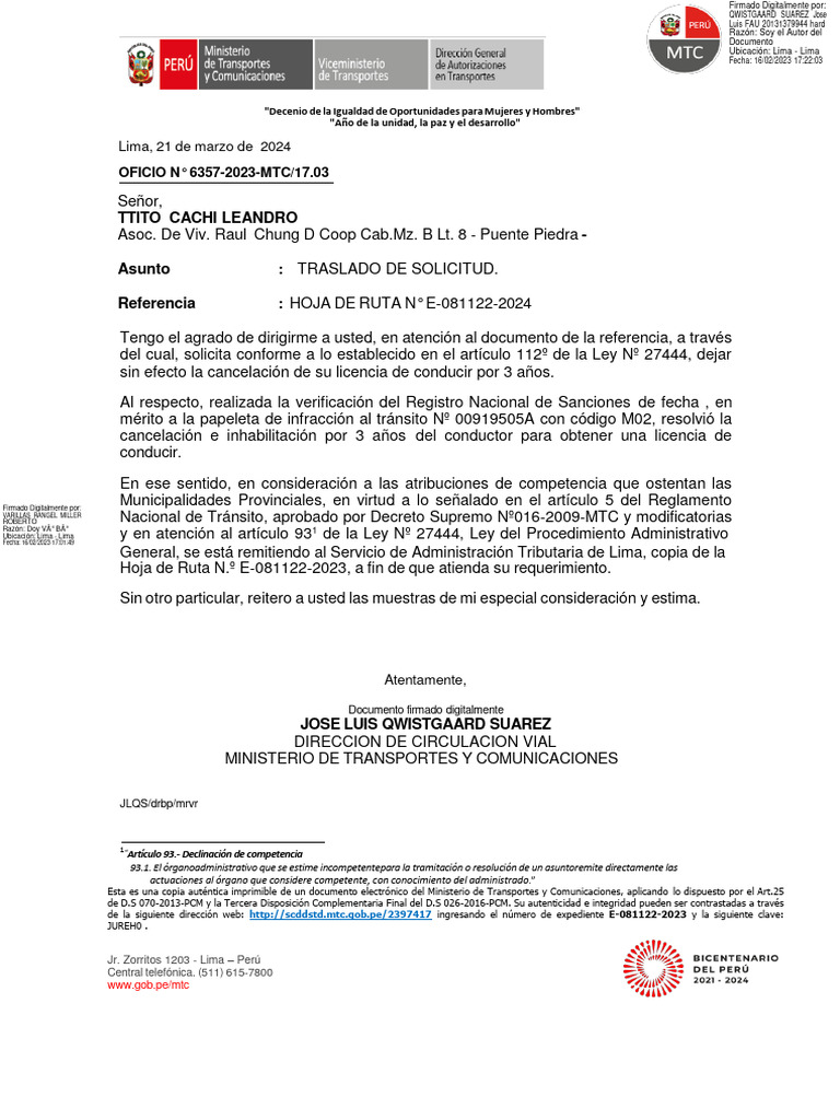 6357-2024-MTC 17.03 Oficio | PDF | Lima | Justicia