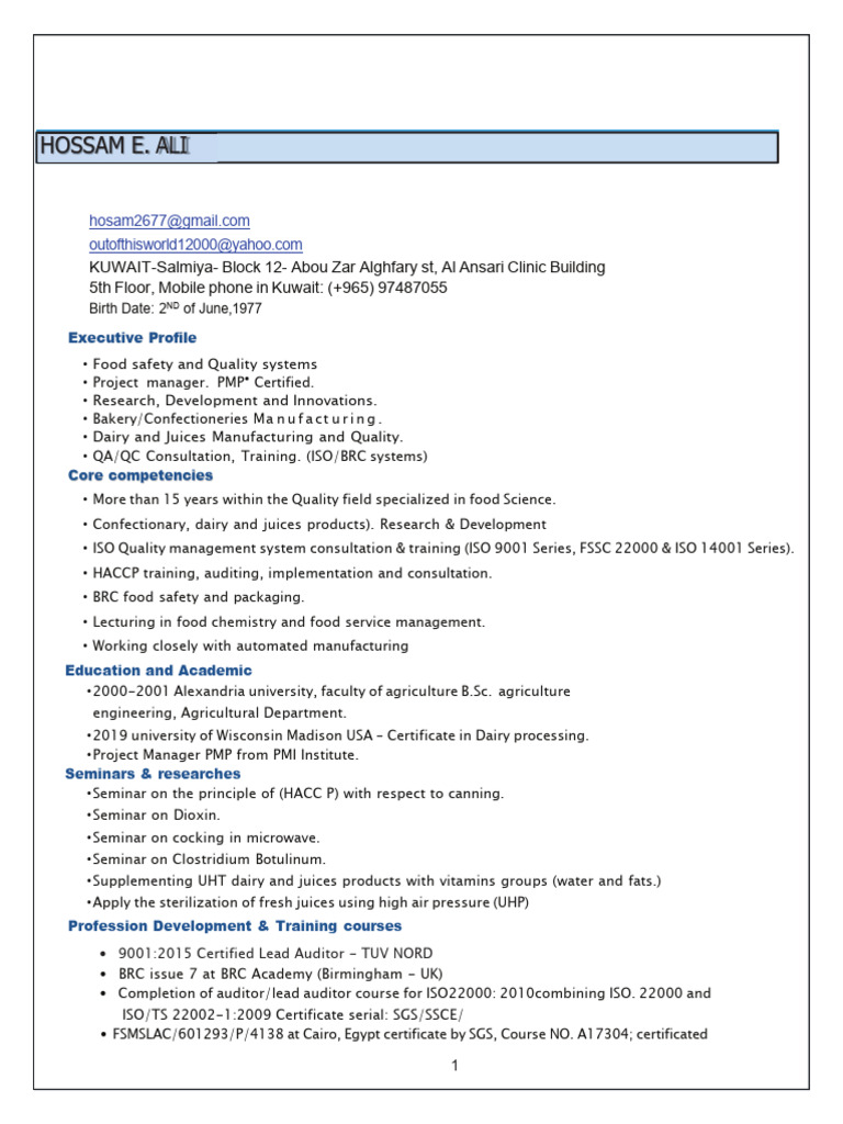 Hosam Resume 524. | PDF | Food Safety | Quality Assurance