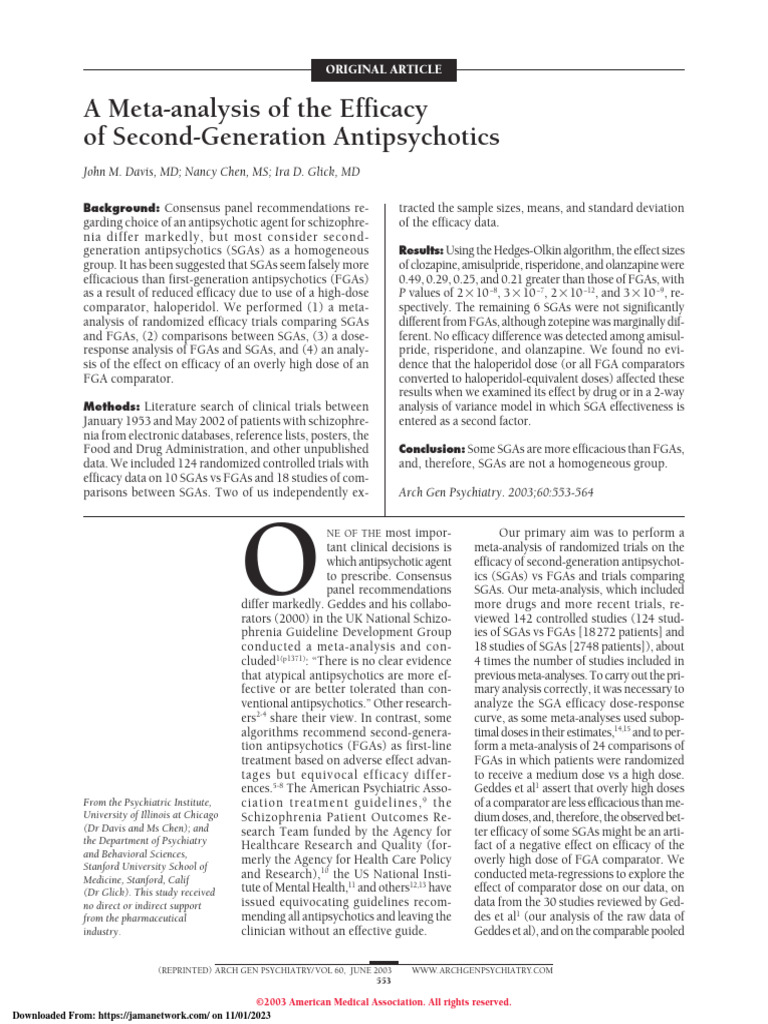 Metaanalysis of Efficacy and Safety of SGA | PDF | Antipsychotic ...