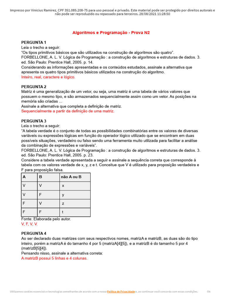 Algoritmos e Programação - Prova N2 | PDF | Algoritmos | Lógica matemática