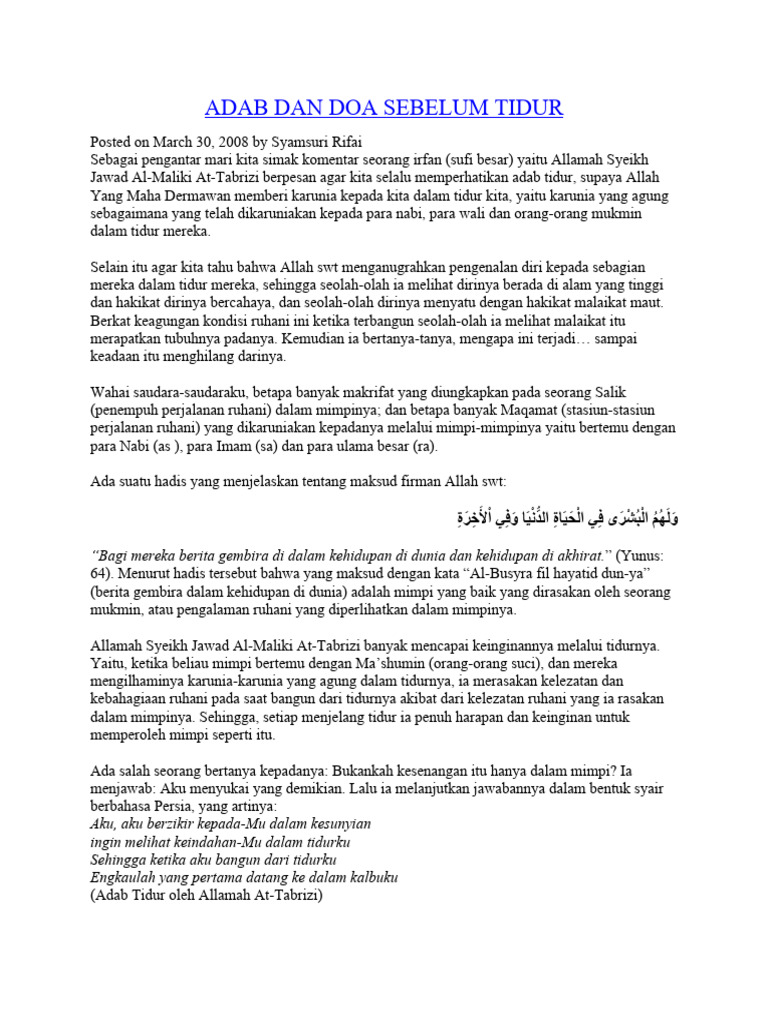 Adab Dan Doa Sebelum Tidur | PDF