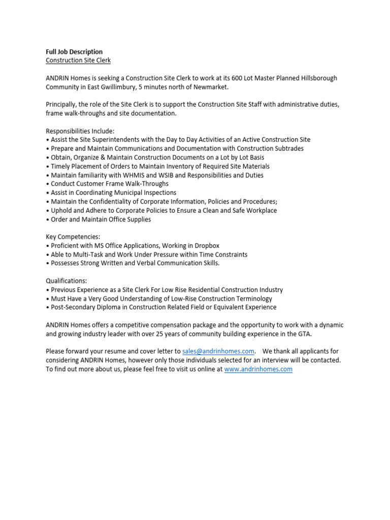 Construction Site Clerk Job Overview | PDF