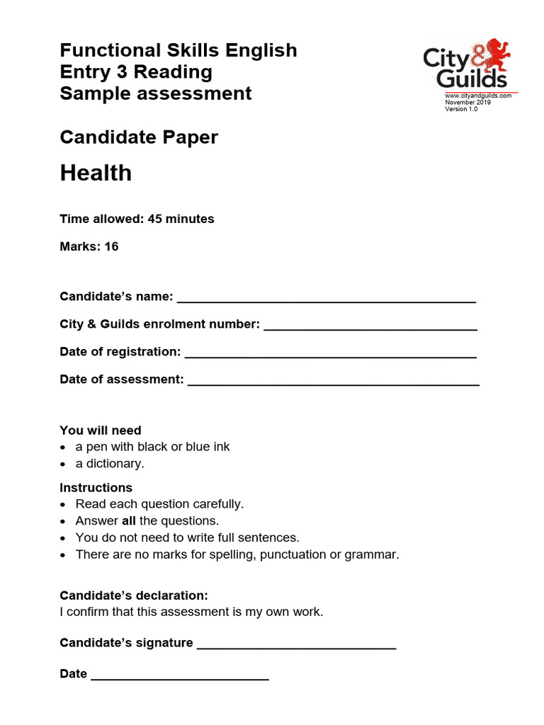 4748 E3 Reading Sample Health Candidate Paper v1-0 PDF | PDF ...