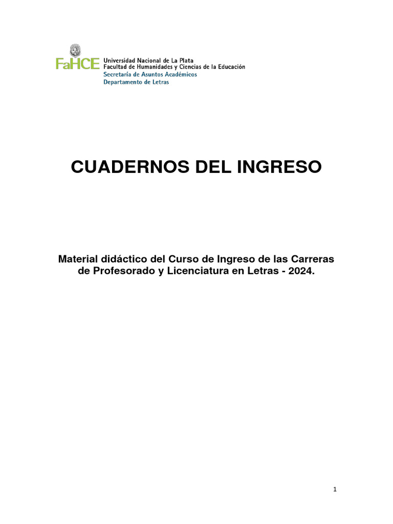 Cuadernos Del Ingreso 2024 Departamento de Letras Fahce Unlp 3 | PDF ...