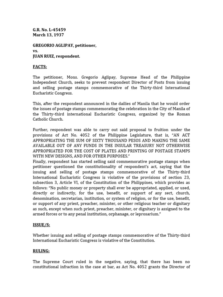 Aglipay v. Ruiz - Case Digest | PDF | Government | Justice