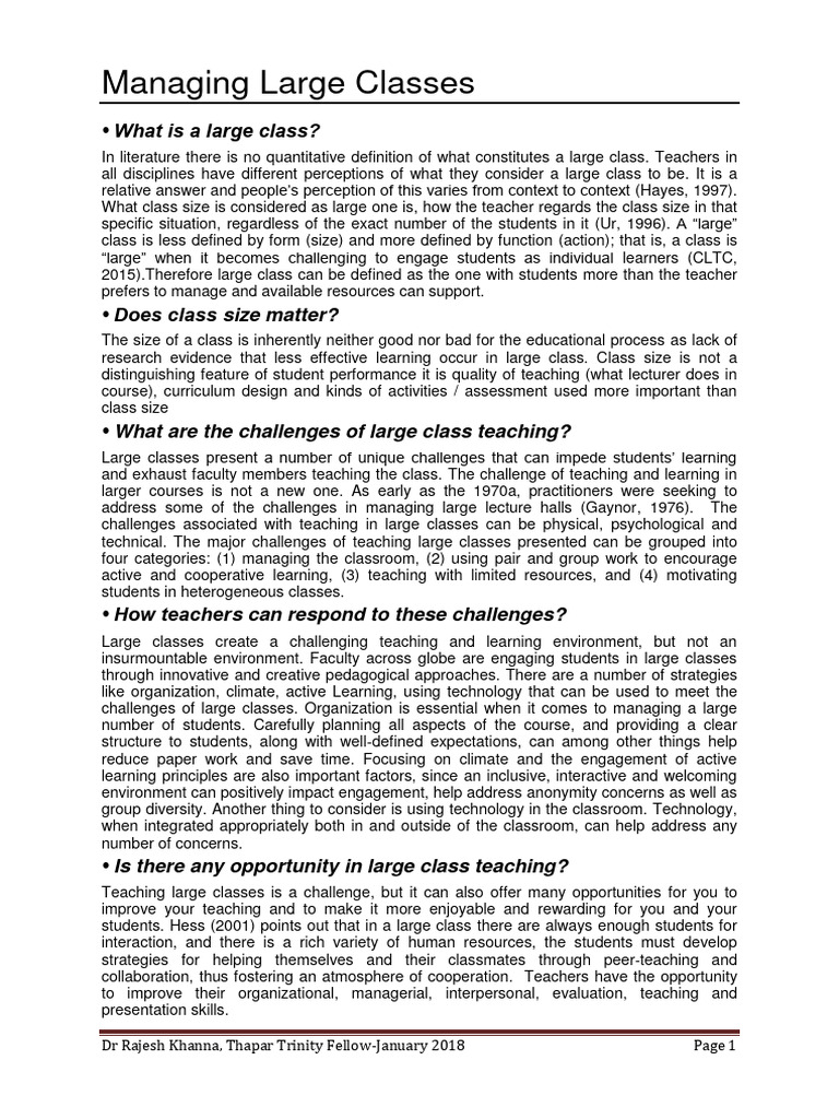 Managing - Large - Class - Third Year | PDF | Learning | Teachers