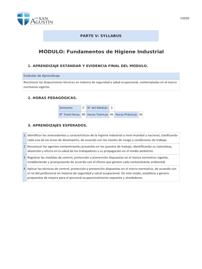 Syllabus Fundamentos de Higiene Industrial-TPR061 2024 | PDF | Higiene ...