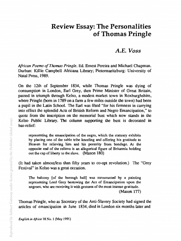 Voss 1991 The Personalities of Thomas Pringle | PDF | Poetry | South Africa