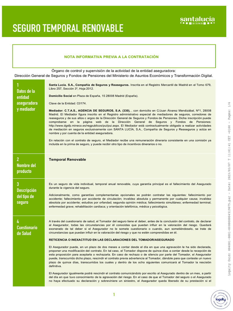 Seguro Temporal Renovable: Información Clave | PDF | Póliza de seguros ...
