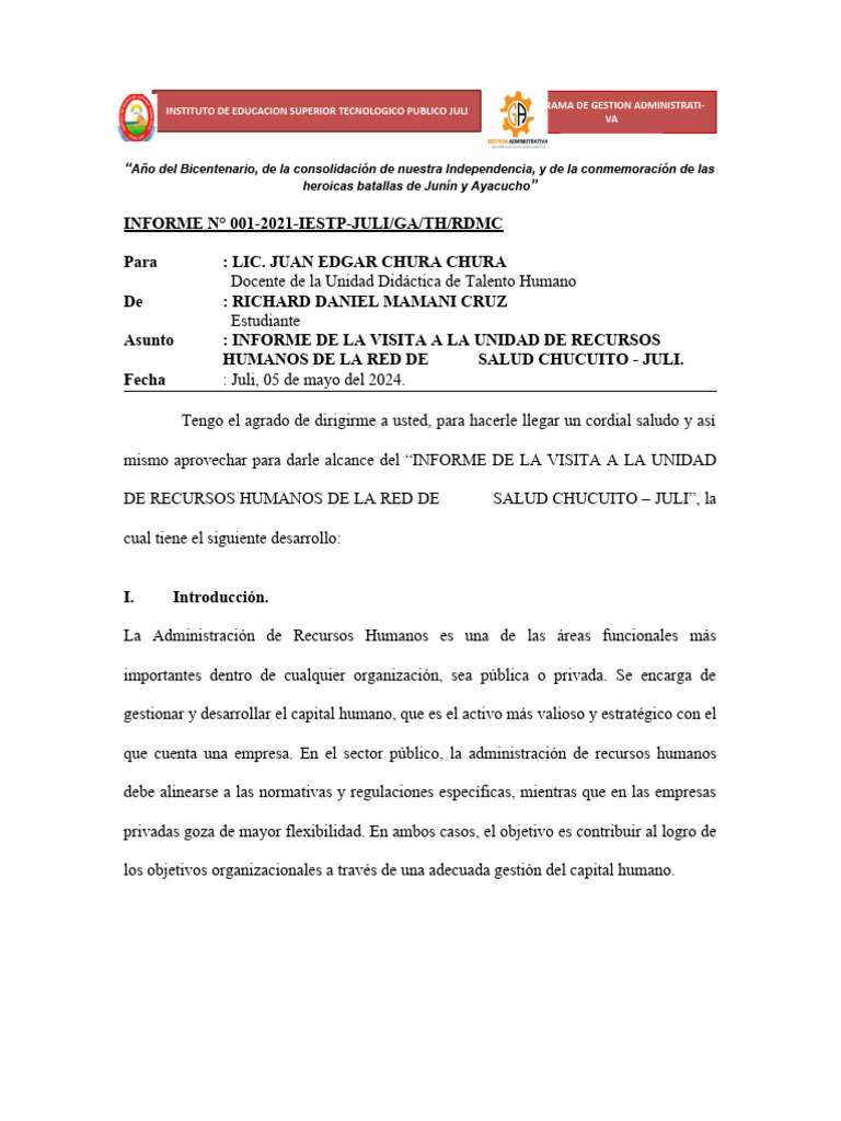Informe - Talento Humano-Chura | PDF | Gestión de recursos humanos | Business