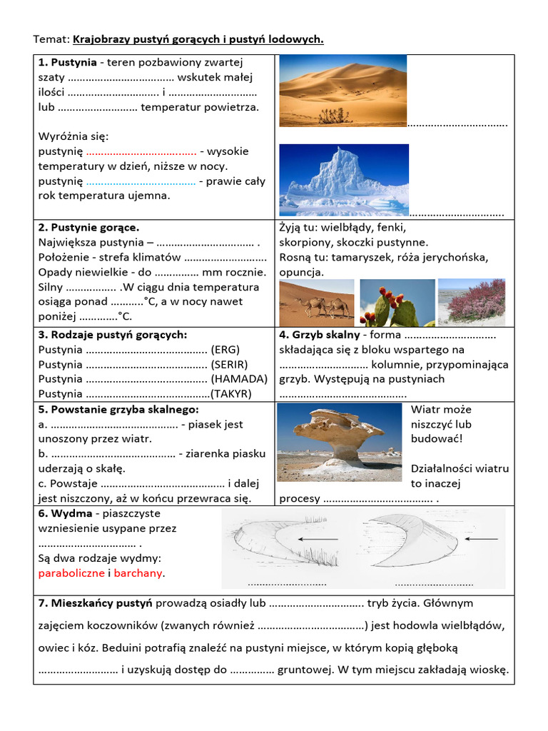 Krajobrazy Pustyń Gorących I Pustyń Lodowych. Karta Pracy | PDF